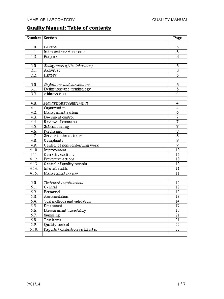 Quality Manual: Table of Contents: General | PDF | Metrology | Laboratories