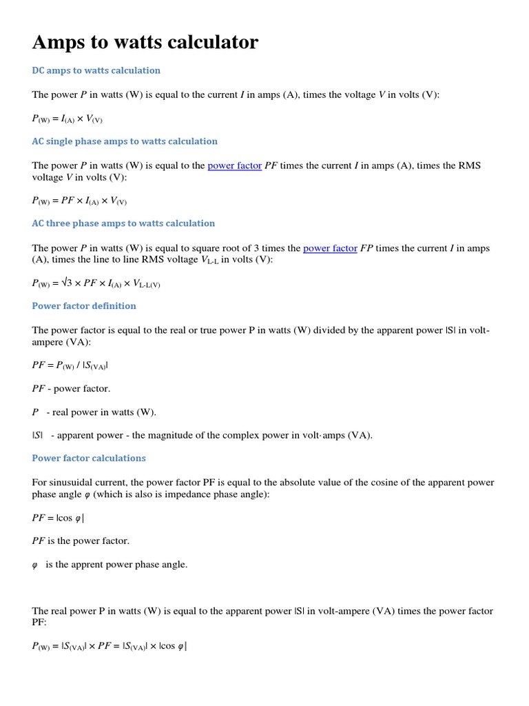Amps to Watts Conversion Guide | PDF | Ac Power | Electric Power