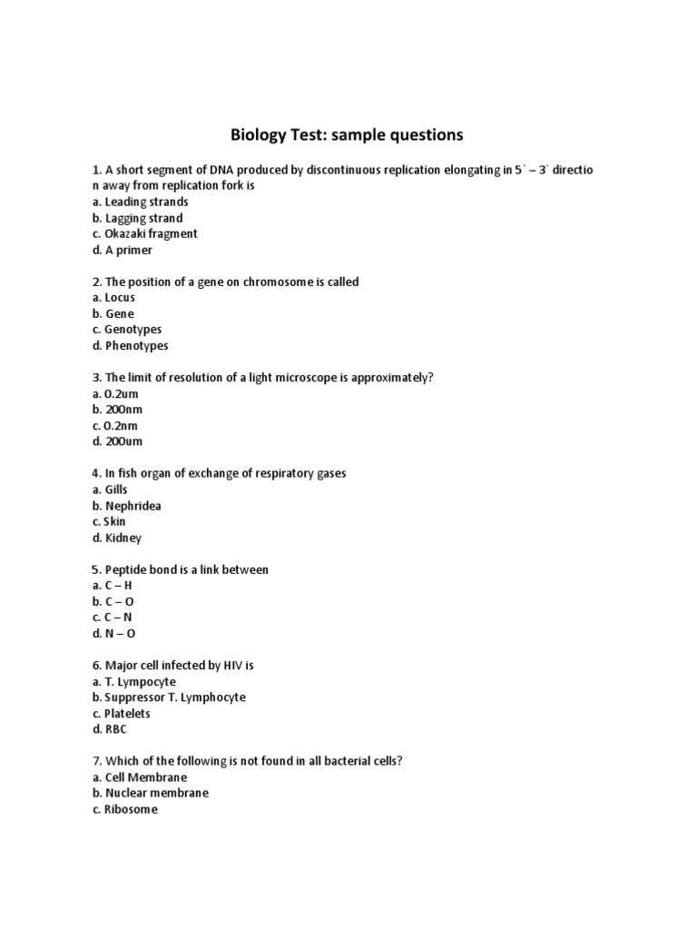 Biology Test Sample Questions | PDF