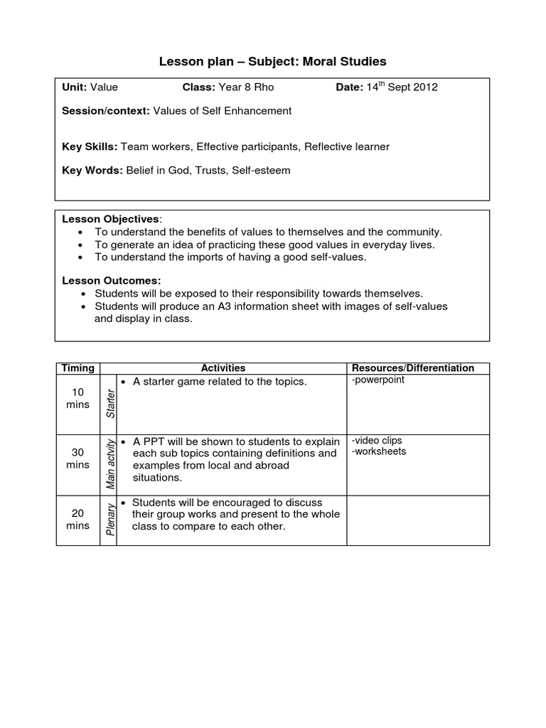 Lesson Plan - Subject: Moral Studies: Timing Activities Resources ...