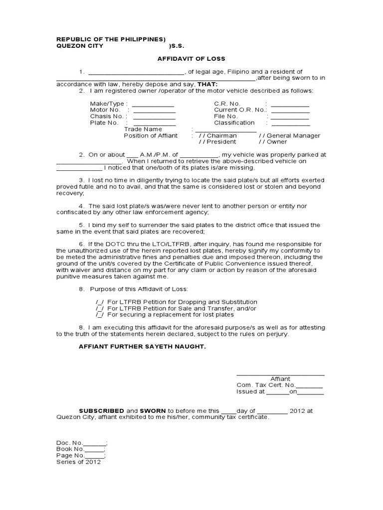 Affidavit Of Loss Plate PDF, 56% OFF | brunofuga.adv.br