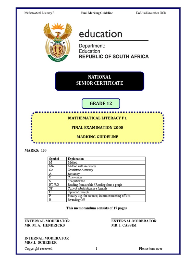 Maths Literacy P1 Nov 2008 Memo Eng | Subtraction | Fraction (Mathematics)