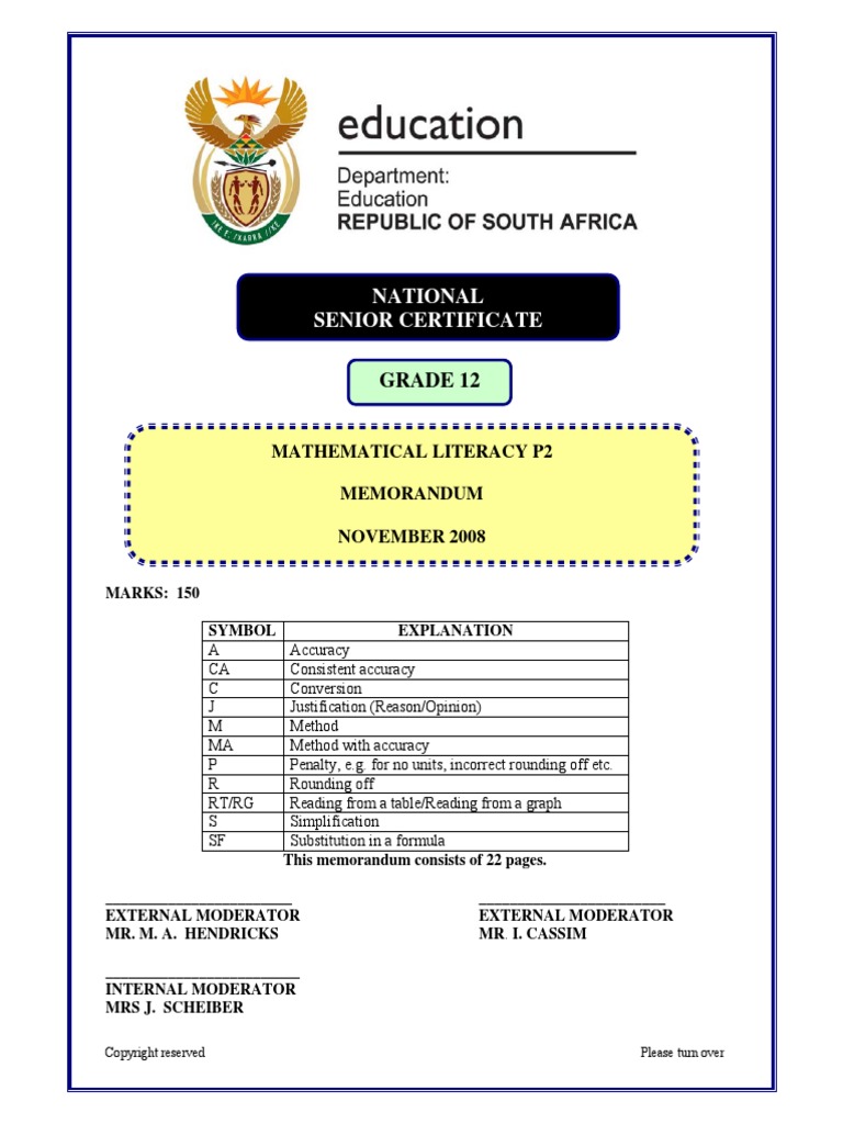 Maths Literacy P2 Nov 2008 Memo Eng | Multiplication | Volume