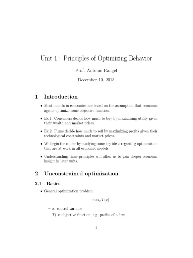 Unit 1: Principles of Optimizing Behavior: Prof. Antonio Rangel ...