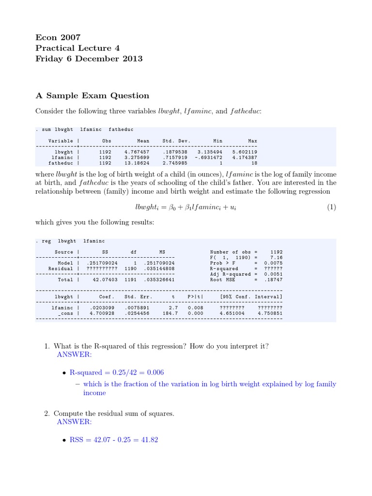 Econometrics Example Questions And Solutions Pdf Coefficient Of Determination Regression