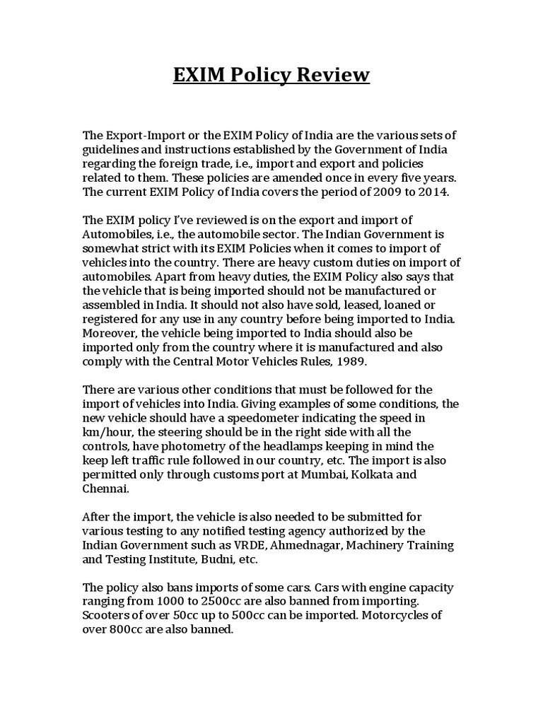 India EXIM Policy: Automobile Import Rules | PDF | Car | Vehicles