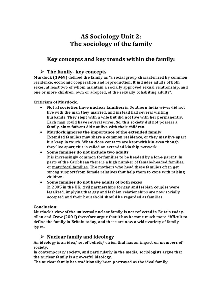 As Sociology Unit 2 | PDF | Cohabitation | Family