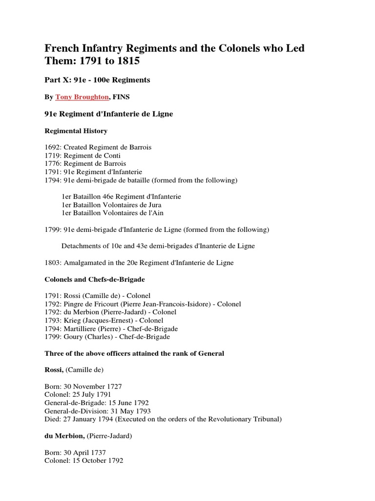 French Line Infantry Regiments 91 To 100 | PDF | Colonel | Military ...