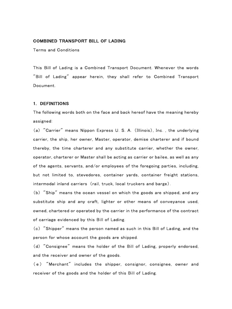 Combined Transport Bill of Lading | PDF