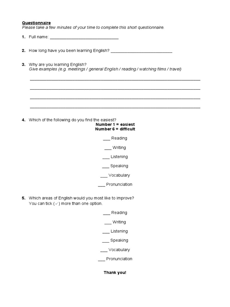 Needs Analysis Questionnaire | PDF | English Language | Languages