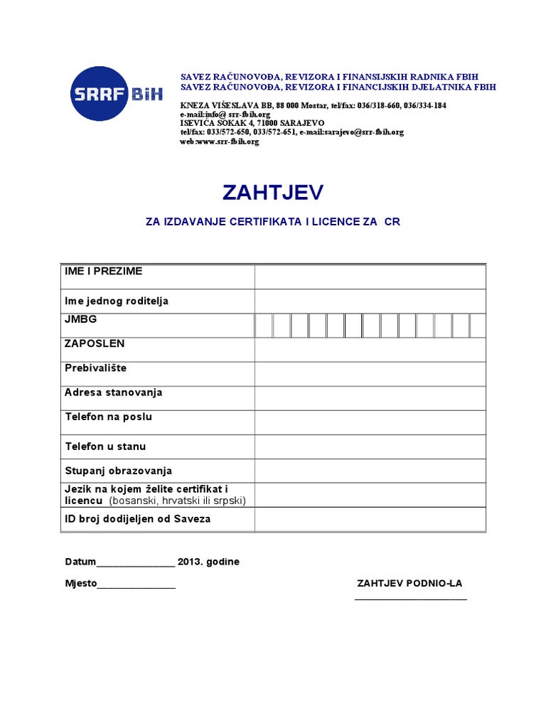 Zahtjev Za Izdavanje Certifikata | PDF