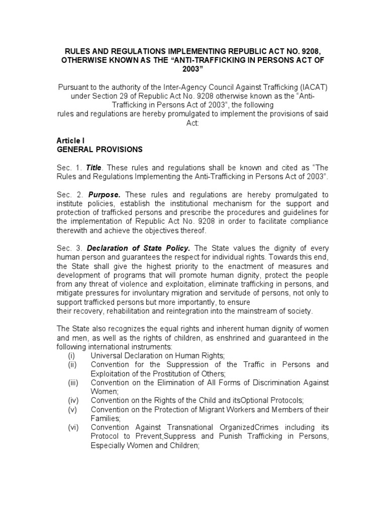 Rules And Regulations Implementing Republic Act No 9208 Otherwise