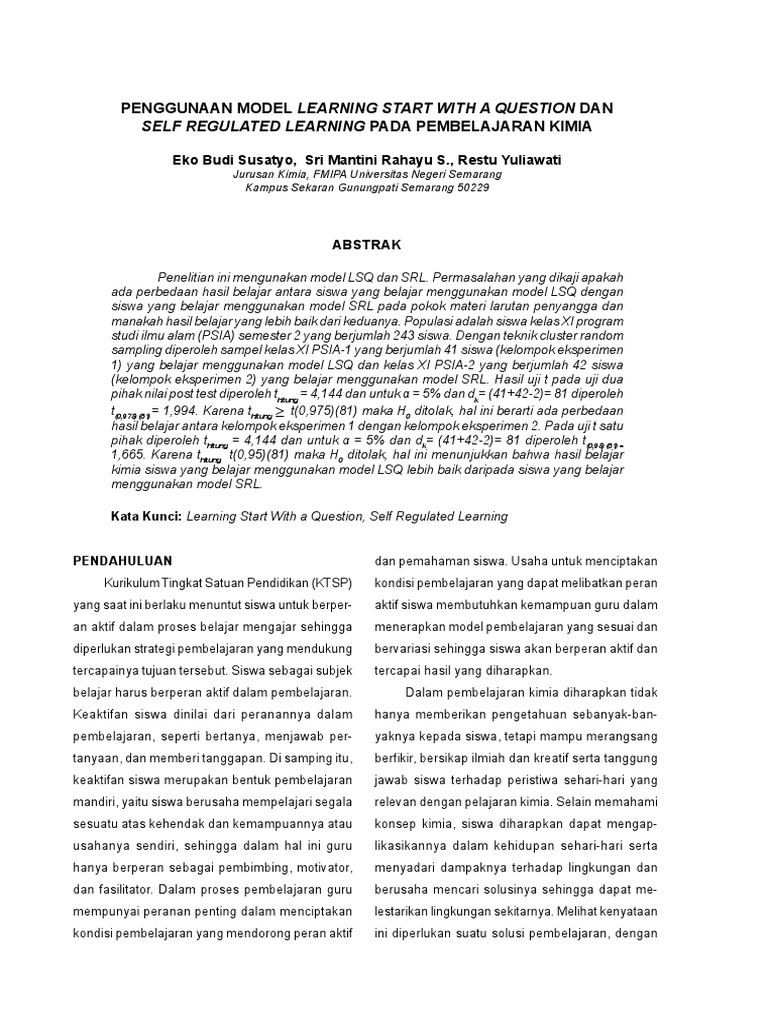 Perbandingan Model LSQ dan SRL dalam Pembelajaran Kimia | PDF