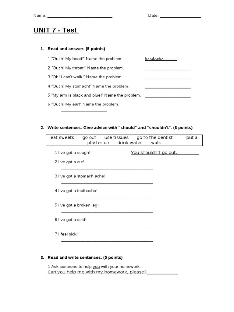 UNIT 7 - Test: 1. Read and Answer. (5 Points) | PDF | Self-Improvement ...