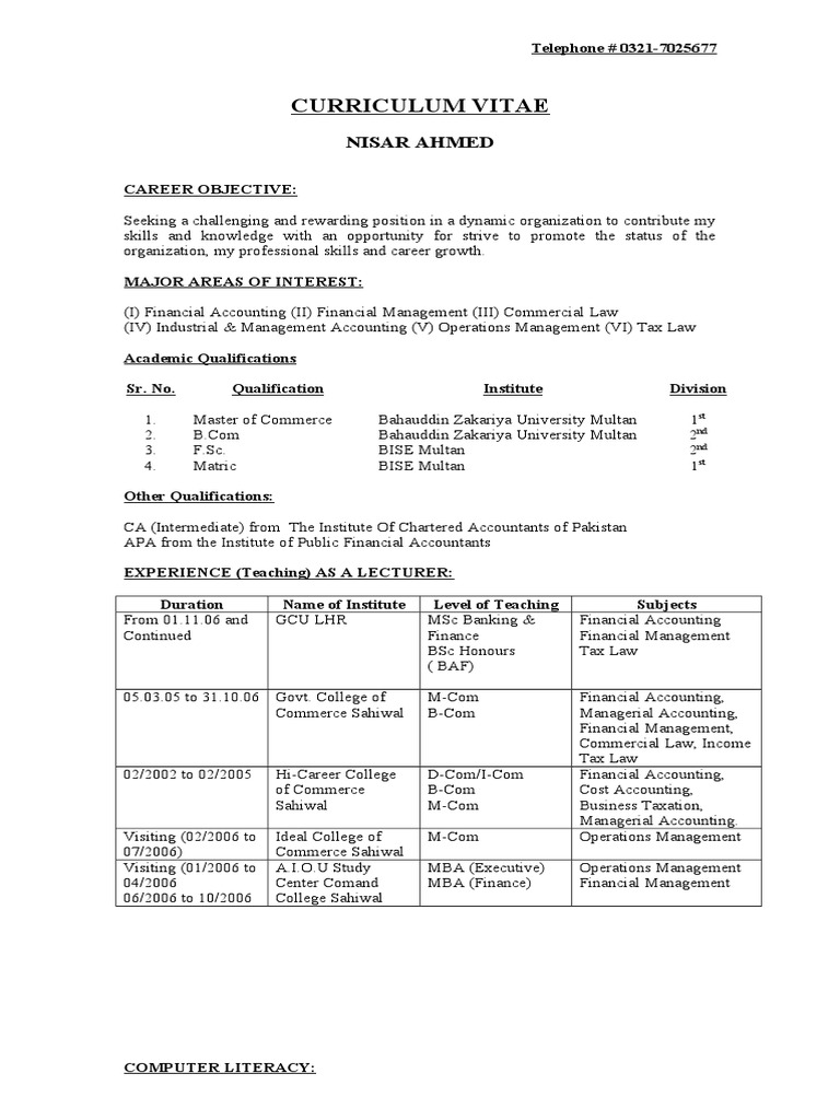 Curriculum Vitae: Nisar Ahmed | PDF | Lecturer | Economies