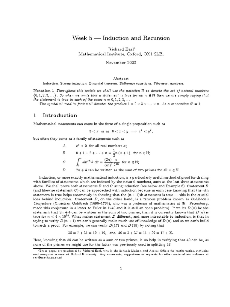 Week 5 - Induction and Recursion: Richard Earl Mathematical Institute ...