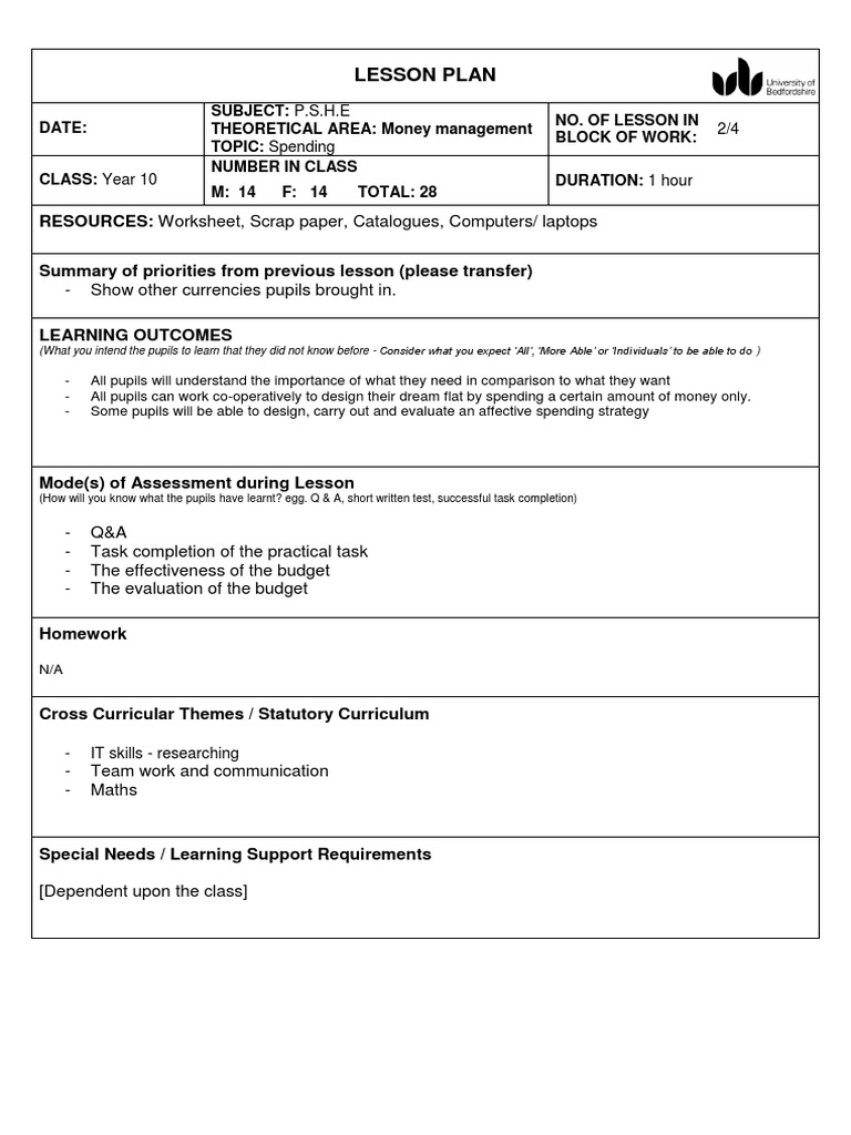 PSHE Lesson Plan - Money Management | PDF | Evaluation | Curriculum