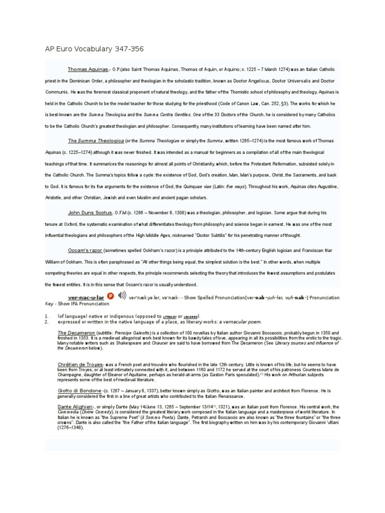 AP Euro Vocabulary 347-356 | PDF | Thomas Aquinas | Dante Alighieri