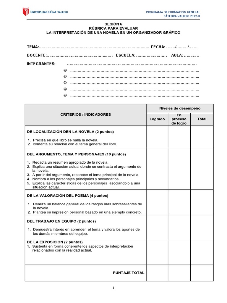6 Rúbrica para Evaluar La Interpretación de Una Novela en Un ...