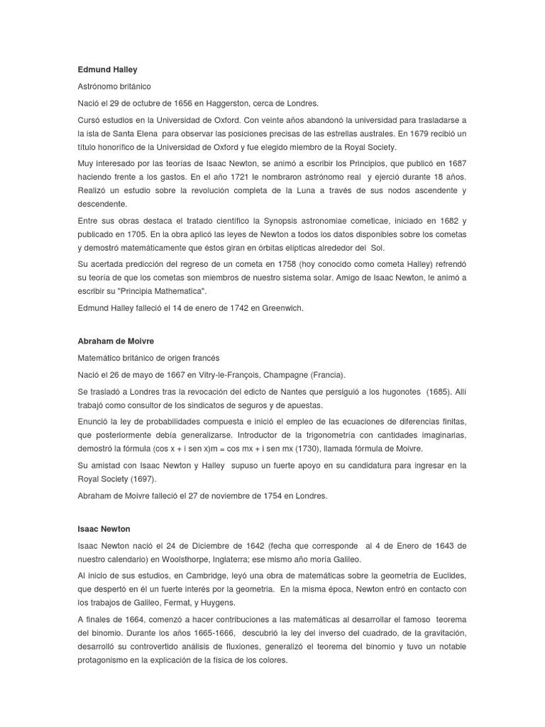 Edmund Halley, Newton y Moivre | PDF | Isaac Newton | Enseñanza de ...