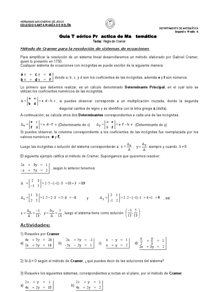 Guía Sobre Regla de Cramer | PDF | Determinante | Conceptos matemáticos