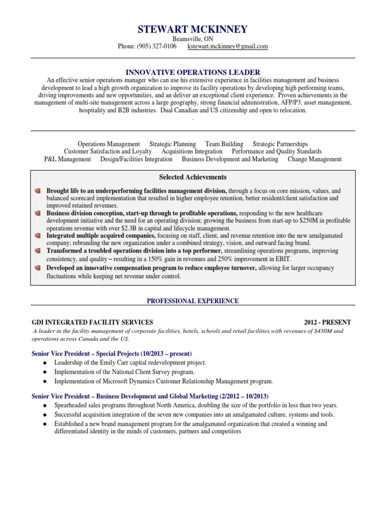 Senior Vice President Facilities Management in Toronto Ontario Resume ...