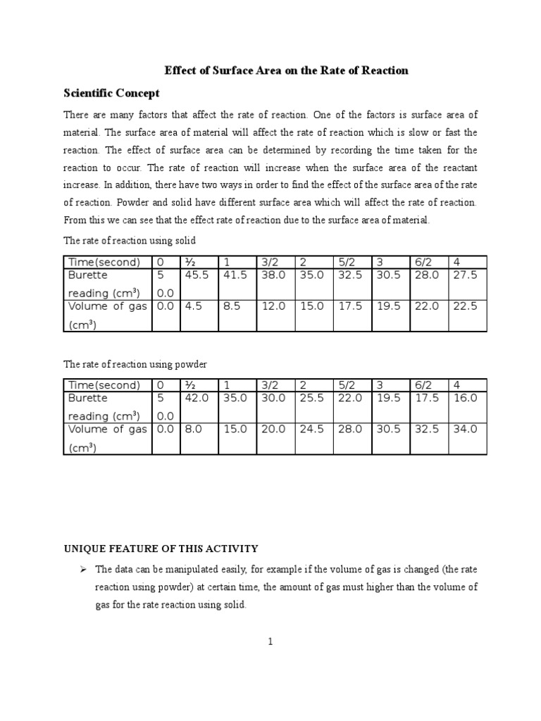 Surface Area's Impact on Reaction Rate | PDF | Solubility | Reaction Rate