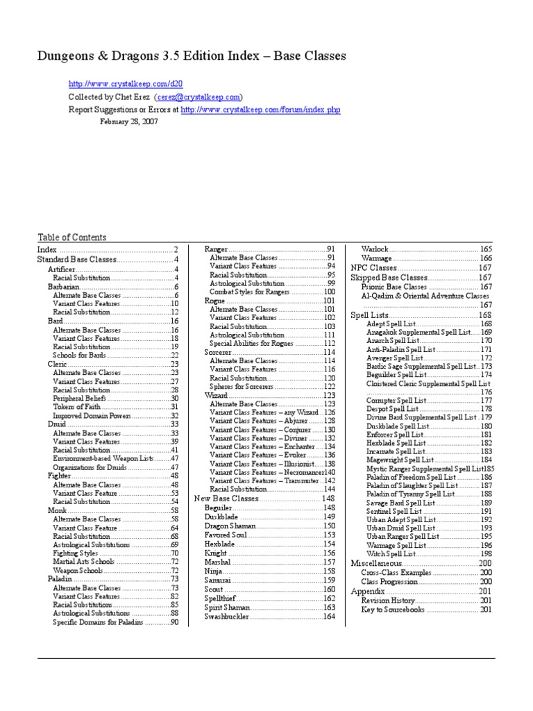 DnD3.5Index Classes Base | PDF | World Of Eberron | Gary Gygax Games