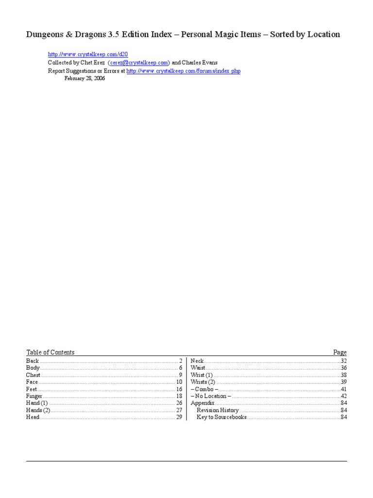 DnD3.5Index Magic Items Personal by Location | PDF | Cloak | Leisure