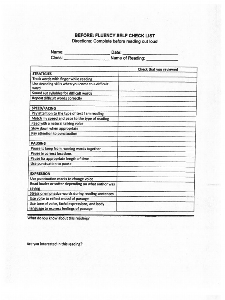 Fluency Self-Check List for Readers | PDF