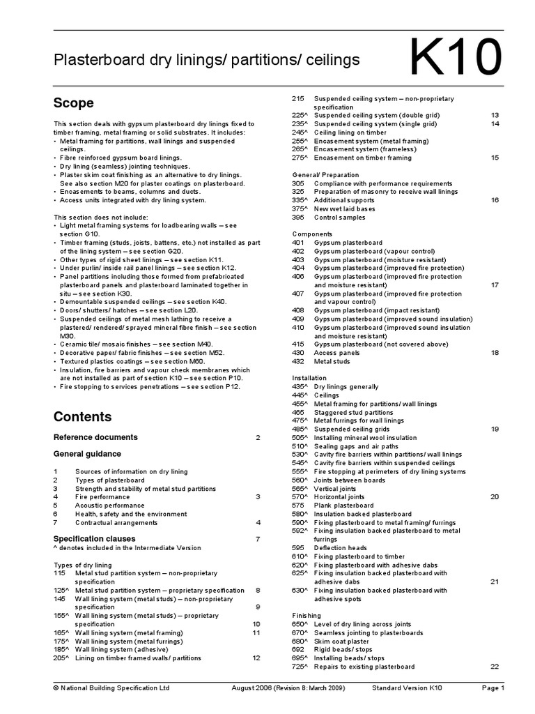 Nbs Plus k10 Specification Details | PDF | Drywall | Wall