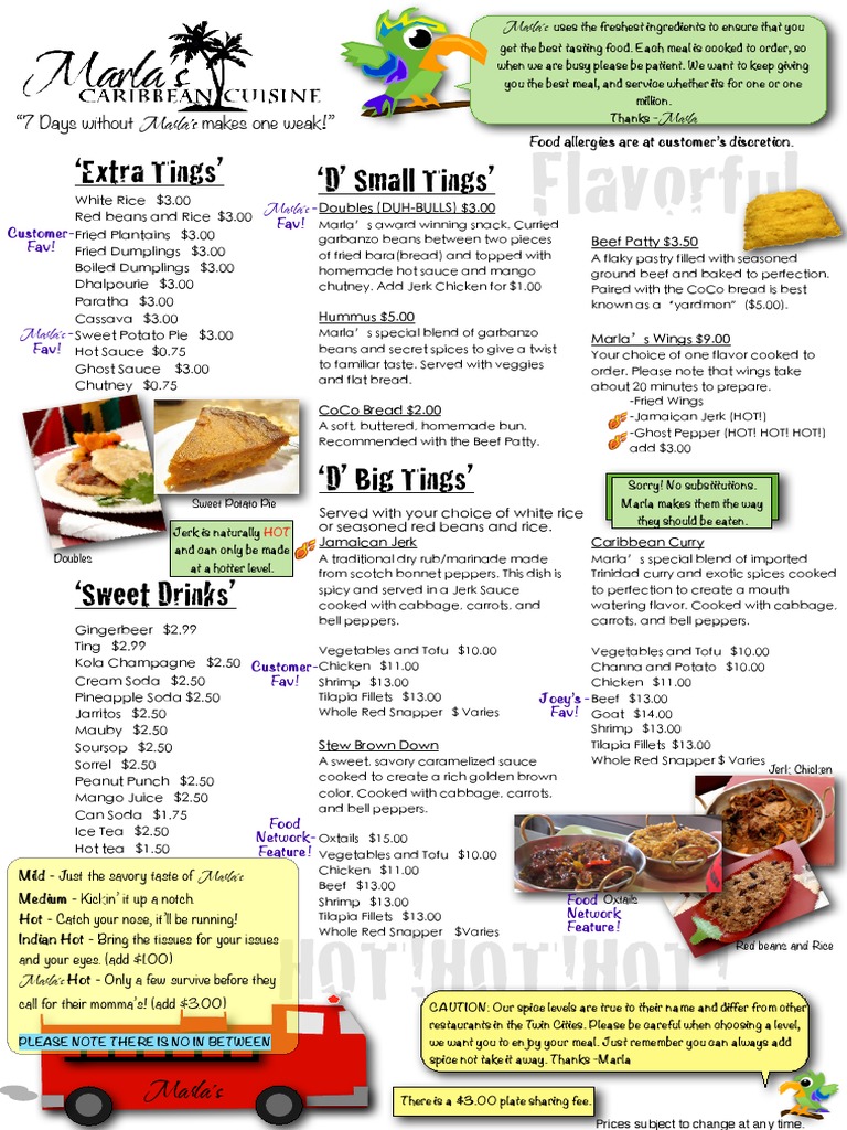 Marlas Caribbean Cuisine Menu | PDF | Dumpling | Curry