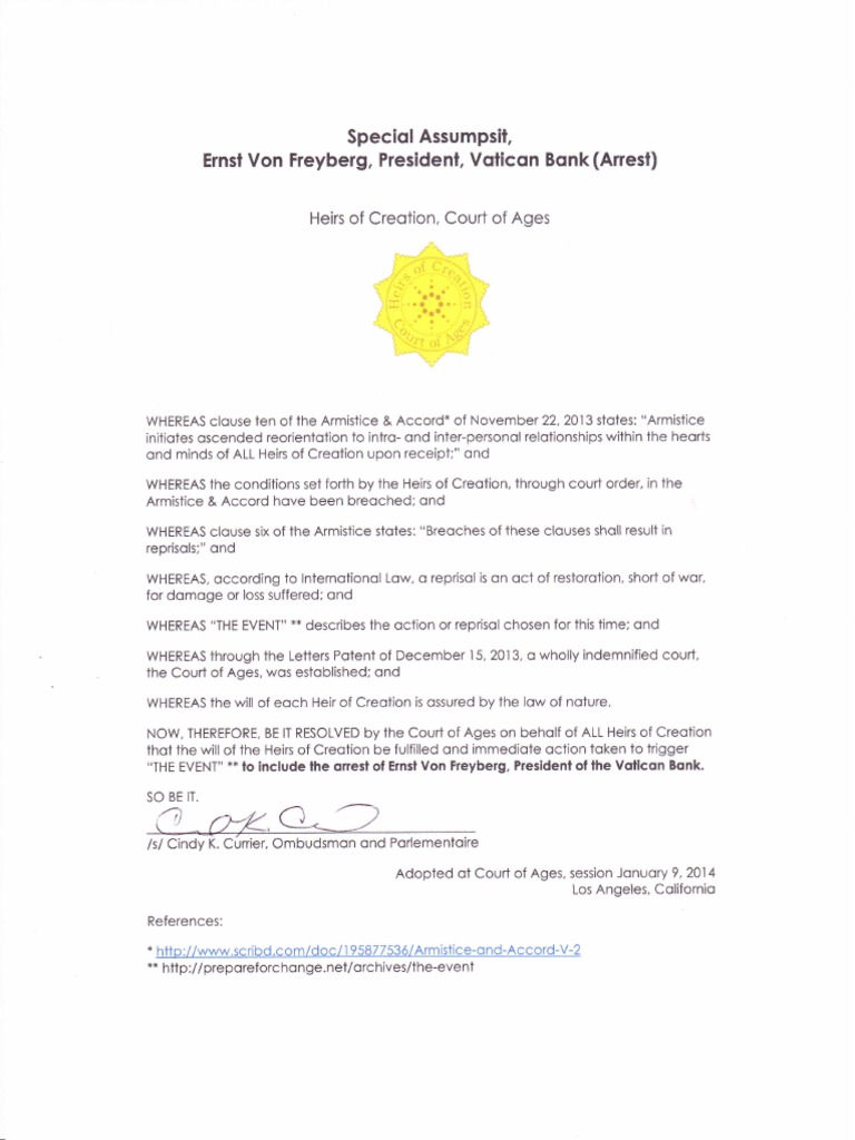 Special Assumpsit, Ernst Von Freyberg, Pres. Vatican Bank (Arrest ...