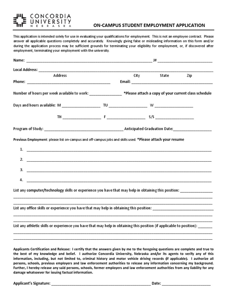 On-Campus Student Employment Application | PDF | Employment | Government