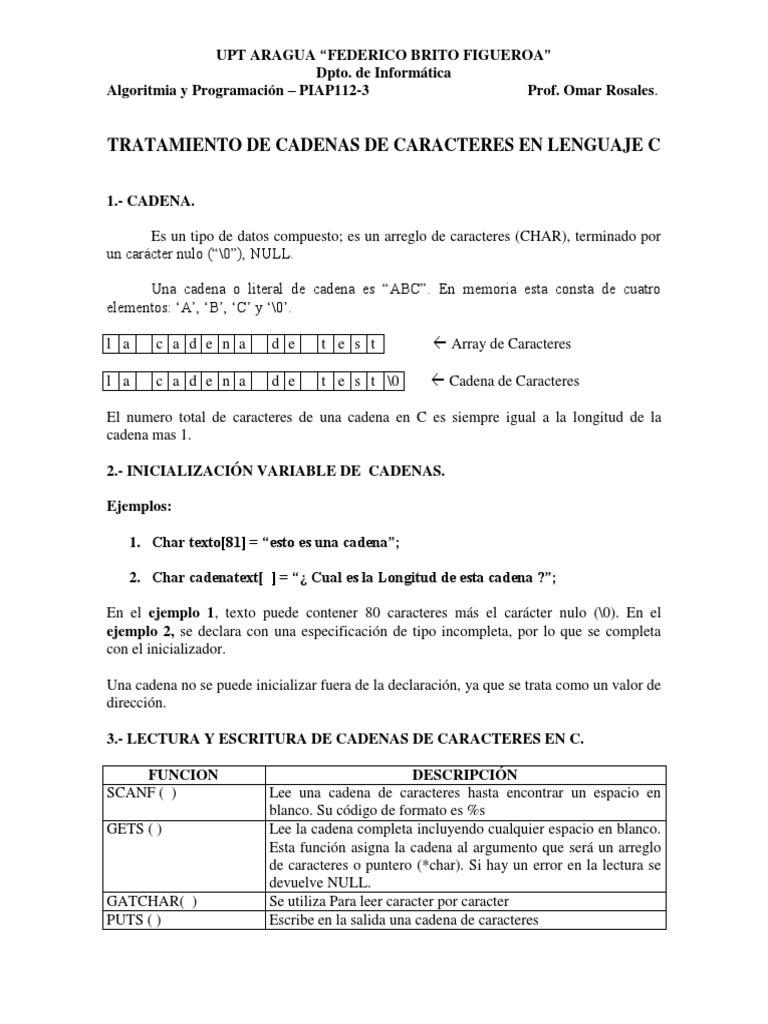 Tratamiento de Cadenas de Caracteres en Lenguaje C | PDF | Puntero (Programación de computadora ...