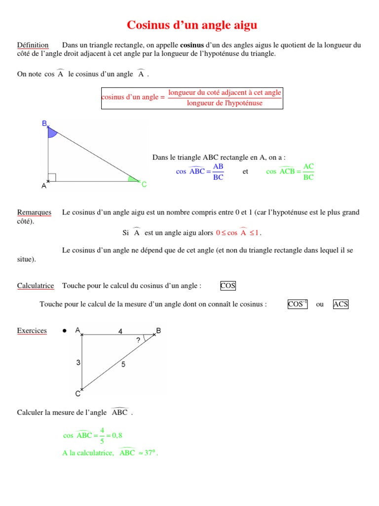 Cosinus d'un angle aigu en 4ème | PDF | Fonction trigonométrique | Rotation