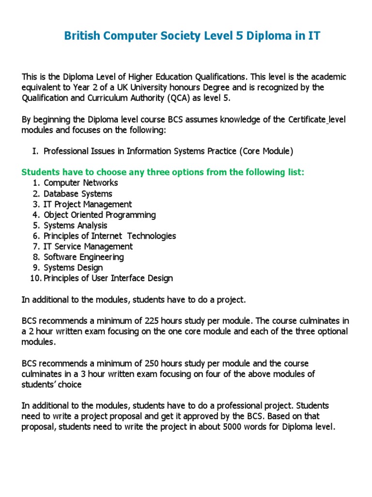 British Computer Society Level 5 Diploma in IT | Diploma | Test ...