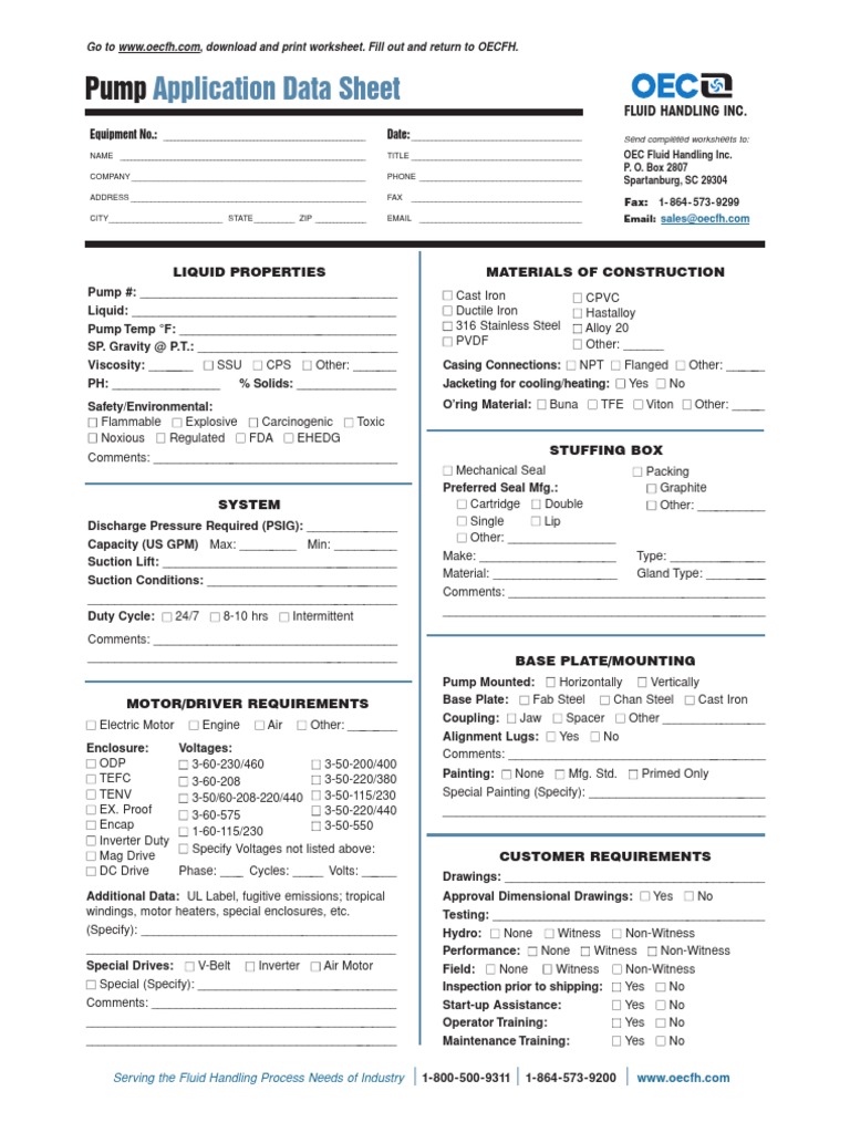 Fluid Handling Pump Application Worksheet | PDF