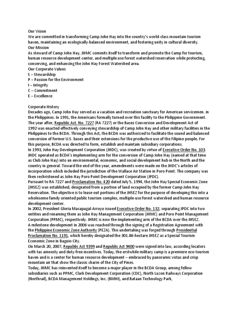 John Hay Management Corporation | PDF | Philippines | Tourism
