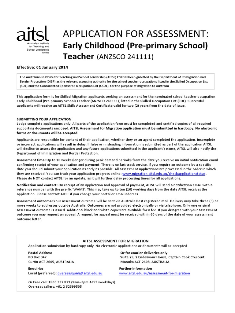 AITSL Early Childhood Pre Primary School Teacher Application | PDF ...