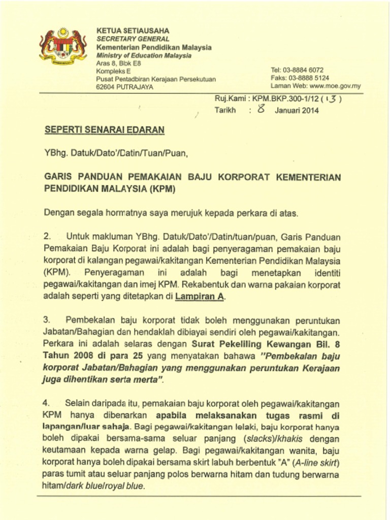 Garis Panduan Pemakaian Baju Korporat Kementerian Pendidikan Malaysia (KPM) | PDF