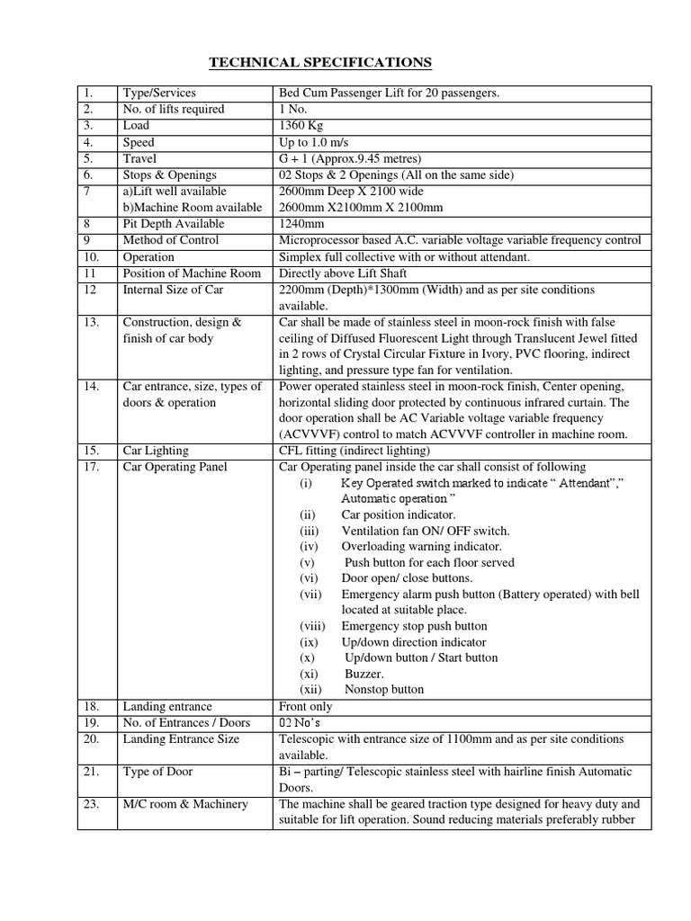 Technical Specs of Lift | PDF | Elevator | Machines
