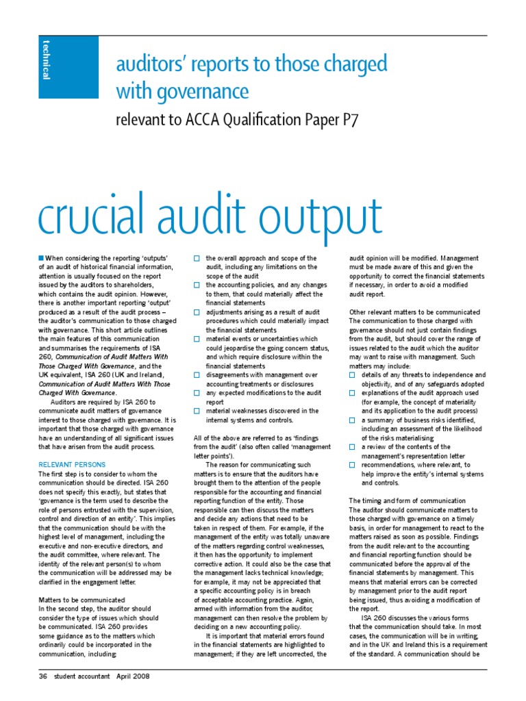 Crucial Audit Output: Auditors' Reports To Those Charged With ...