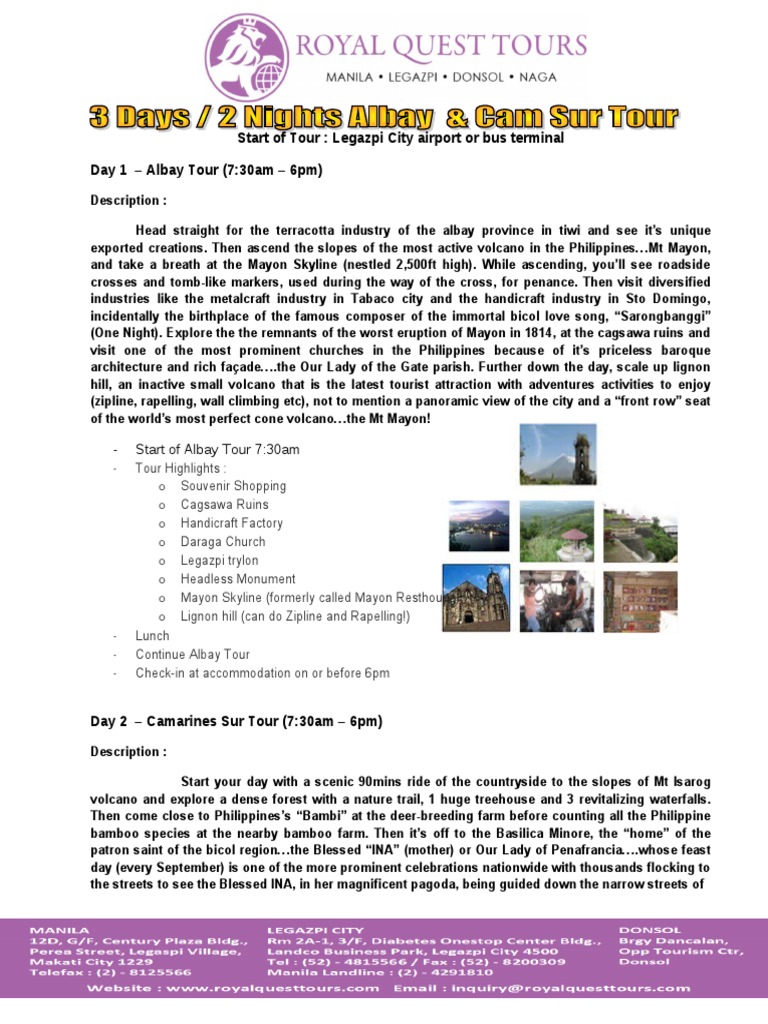 Start of Tour: Legazpi City Airport or Bus Terminal Day 1 - Albay Tour ...