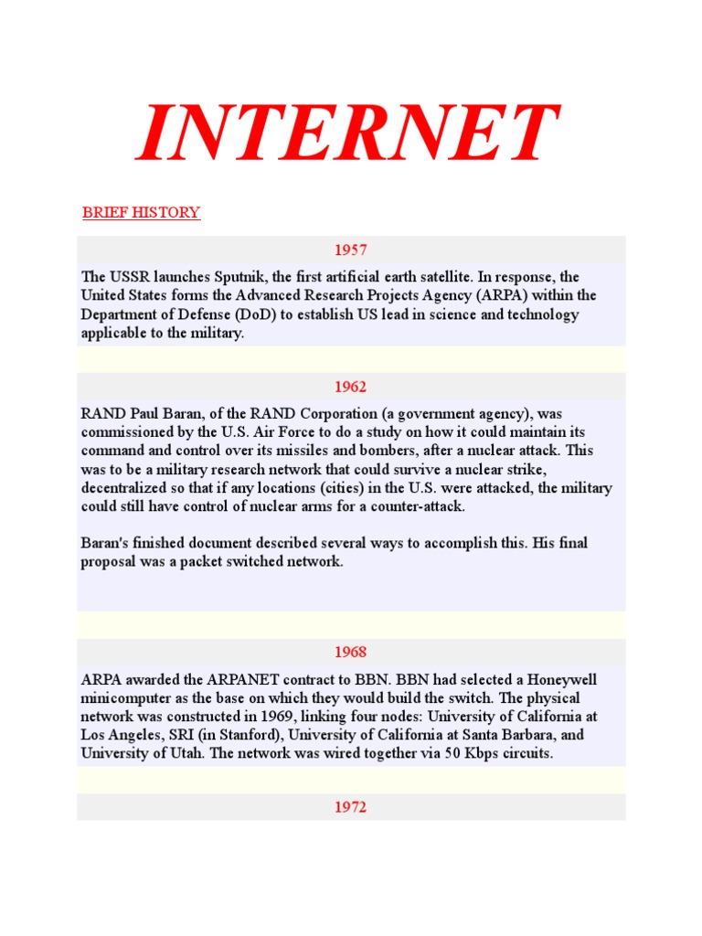 Internet: Brief History 1957 | PDF | Darpa | Network Protocols