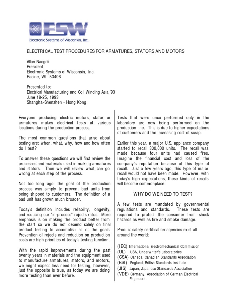 Electrical Test Procedures For Armatures, Stators and Motors | PDF ...