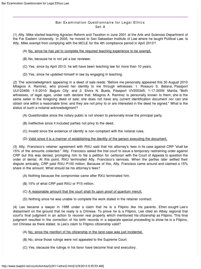 2011 Bar Exam Questions on Legal Ethics | PDF | Lawyer | Lawsuit