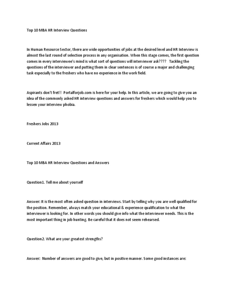 Top 10 MBA HR Interview Questions | PDF | Master Of Business ...