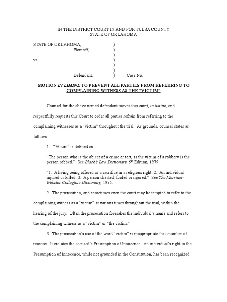 Motion to Exclude "Victim" Reference | PDF | Relevance (Law) | Prosecutor