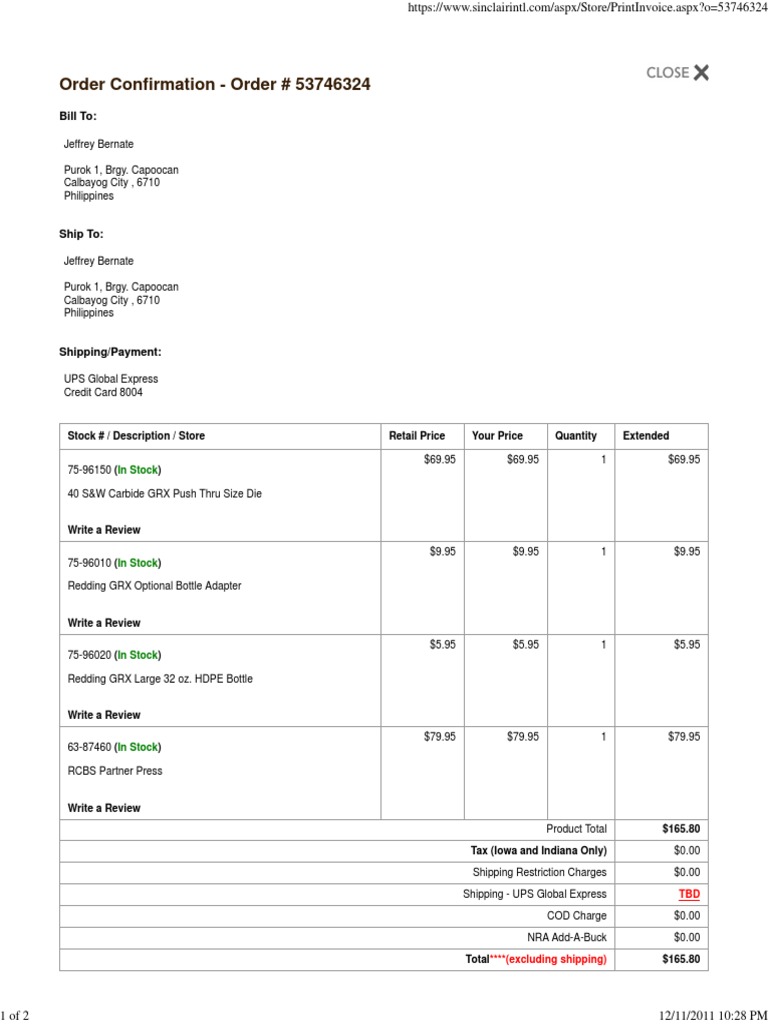Order Confirmation for Firearm Supplies | PDF